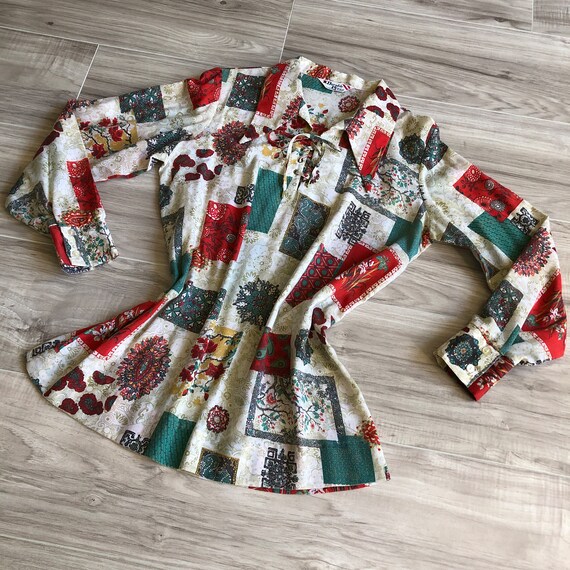 Vintage 70s Patchwork Print Dagger Collar Top S - Gem