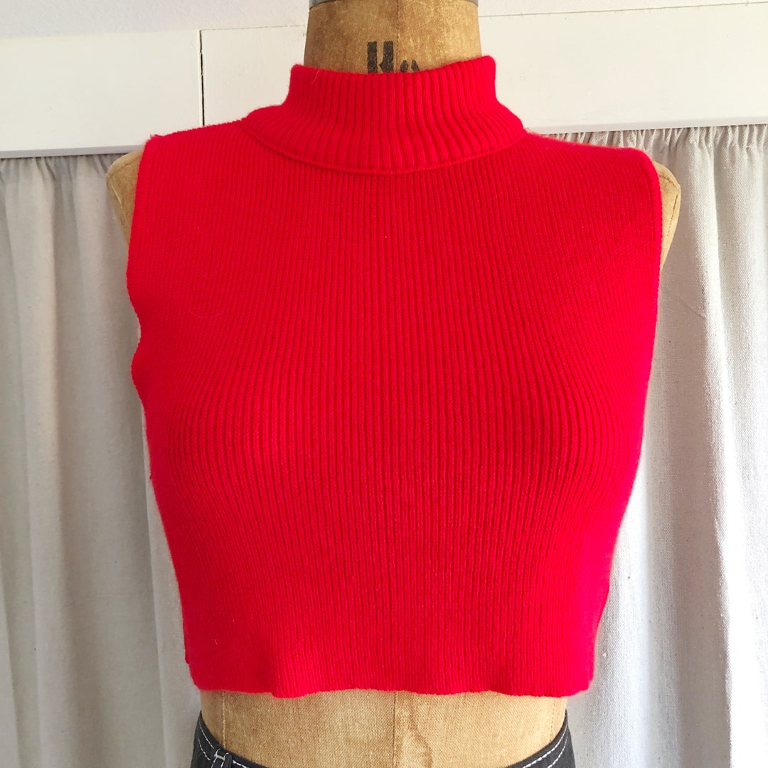 90s Bright Red Ribbed Mock Neck Crop Top XS - Etsy