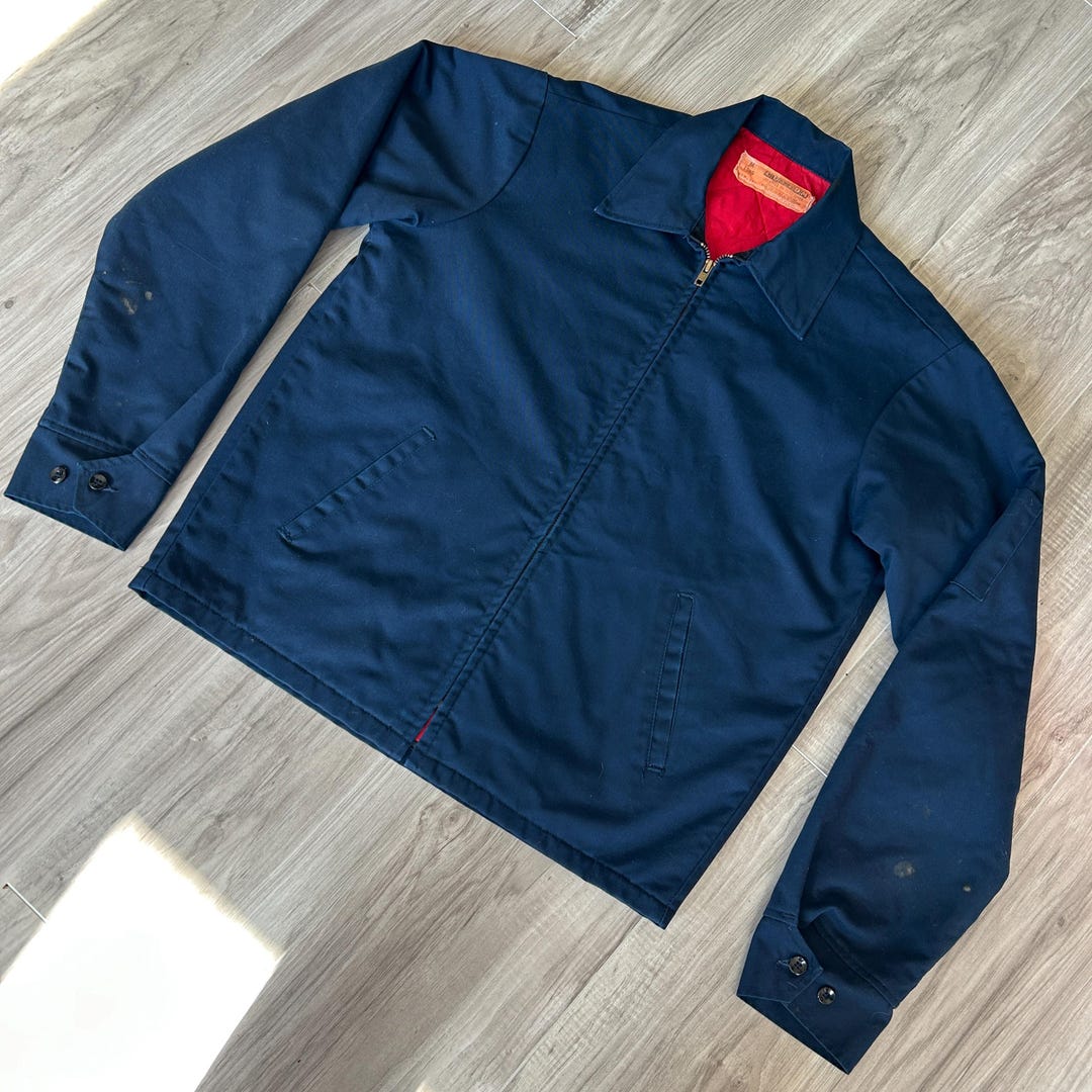 Vintage 60s/70s Navy Blue Work Wear Mechanic Zip Front Jacket Red ...