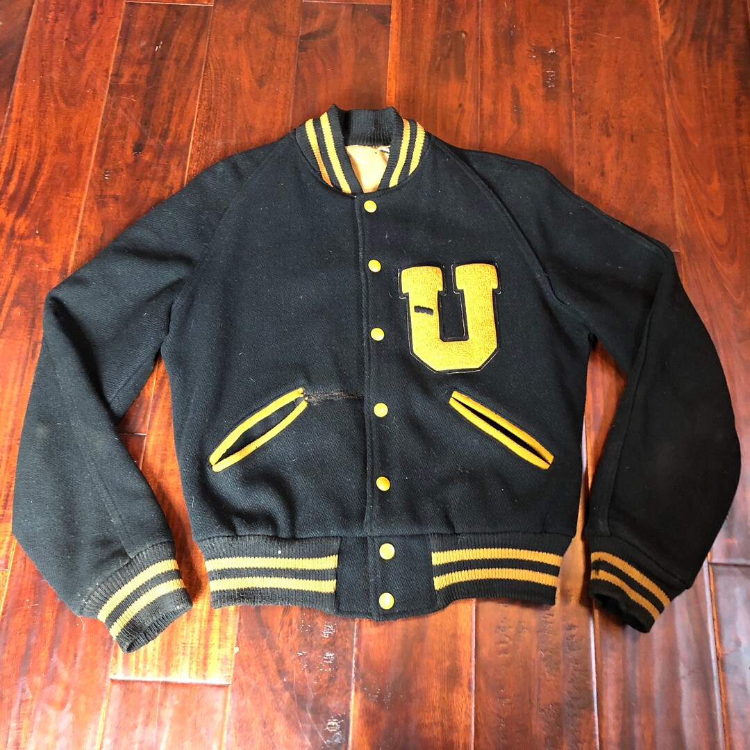Vintage 50s Black Gold Wool Letterman Varsity Jacket Fitted Distressed ...
