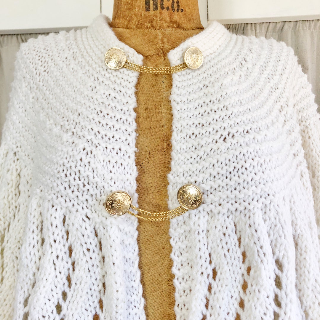 60s White Crochet Sweater Cape Armholes Chain Closure OS - Etsy