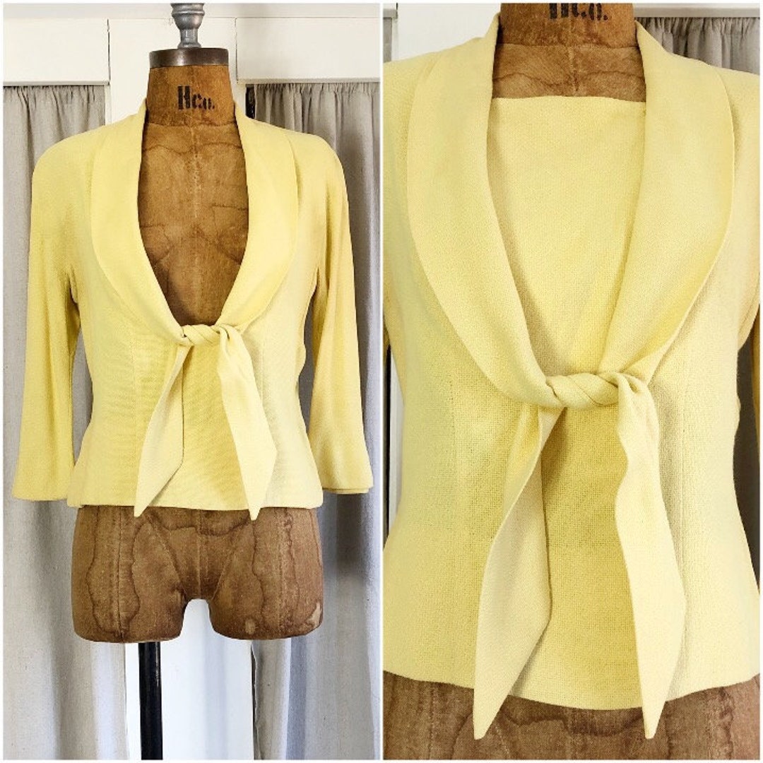 50s Butter Yellow Structured Knit Suit Top Detachable Bib Collar Insert ...
