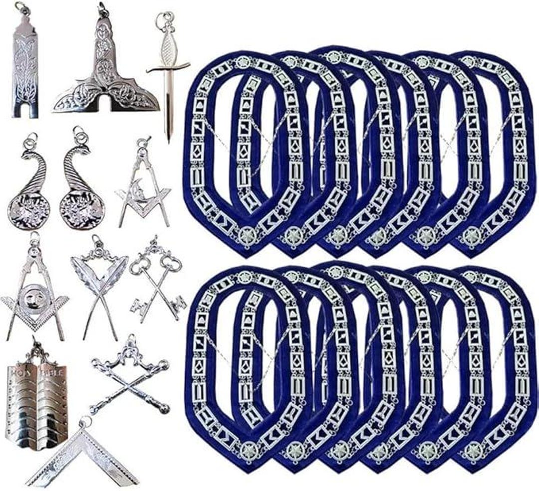 Blue Lodge Masonic Regalia Chain Collar With Officers Silver Jewels Set ...