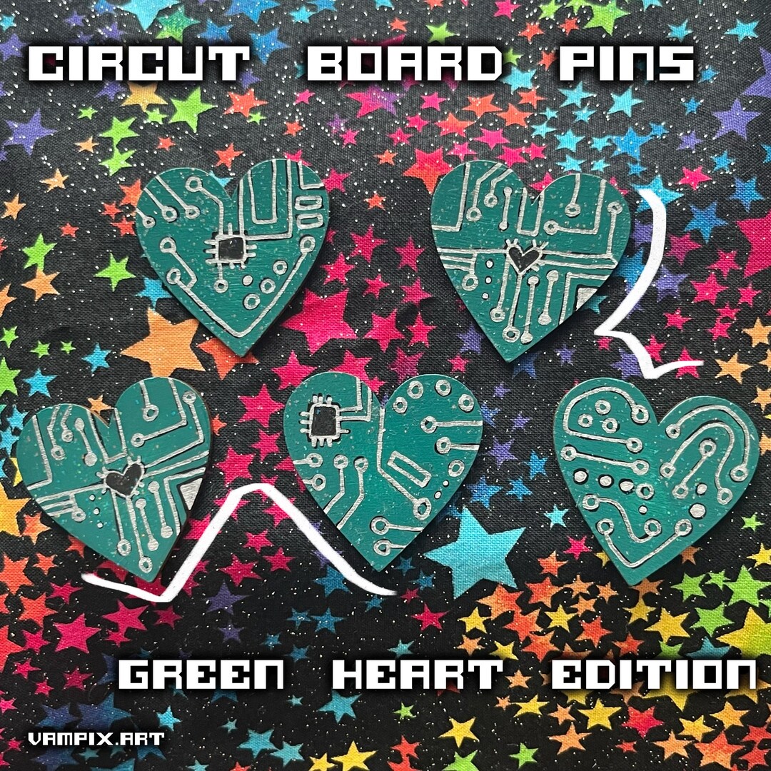 Circuit Board Pins: Green Heart Edition | Hand Painted Wood Pins - Etsy