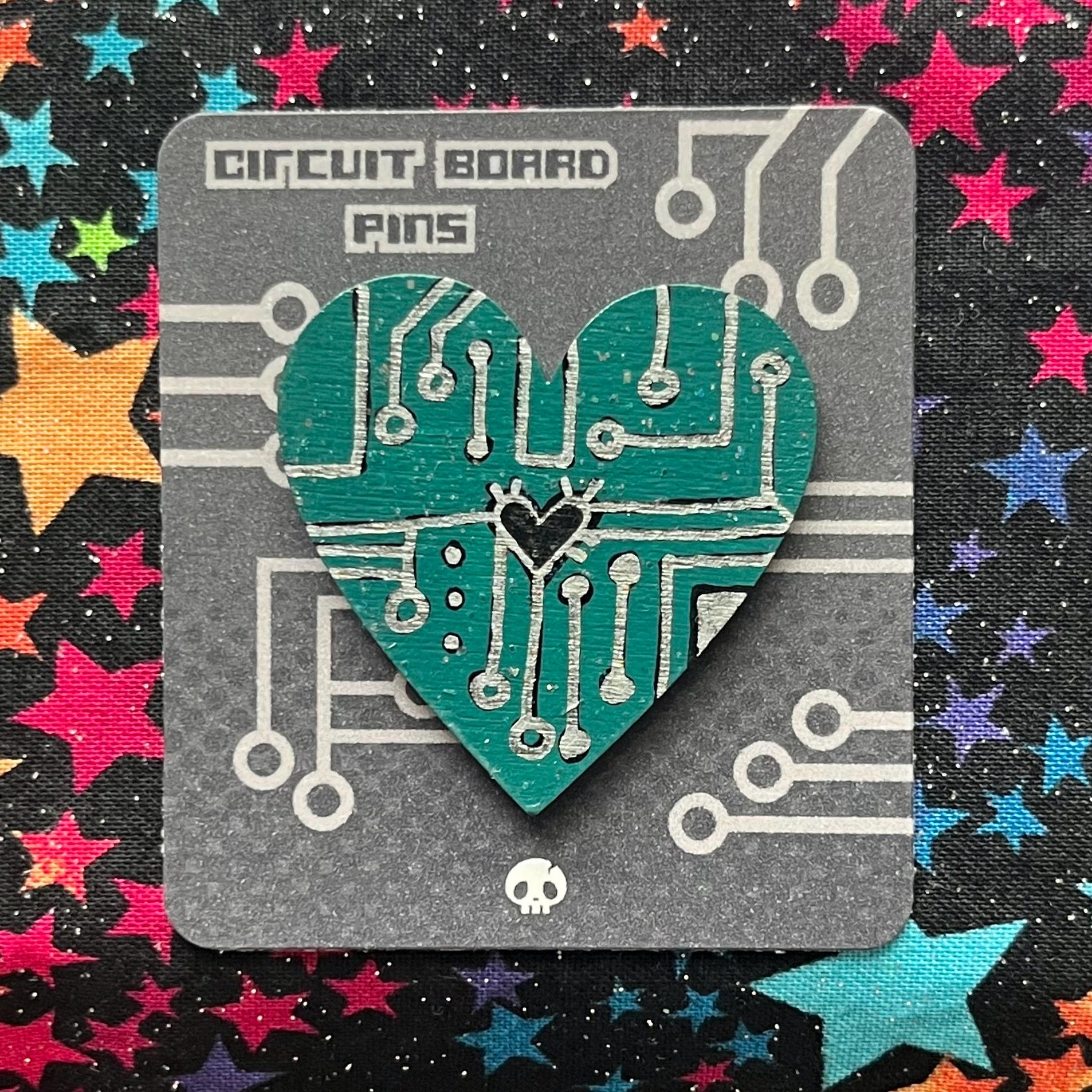 Circuit Board Pins: Green Heart Edition | Hand Painted Wood Pins - Etsy