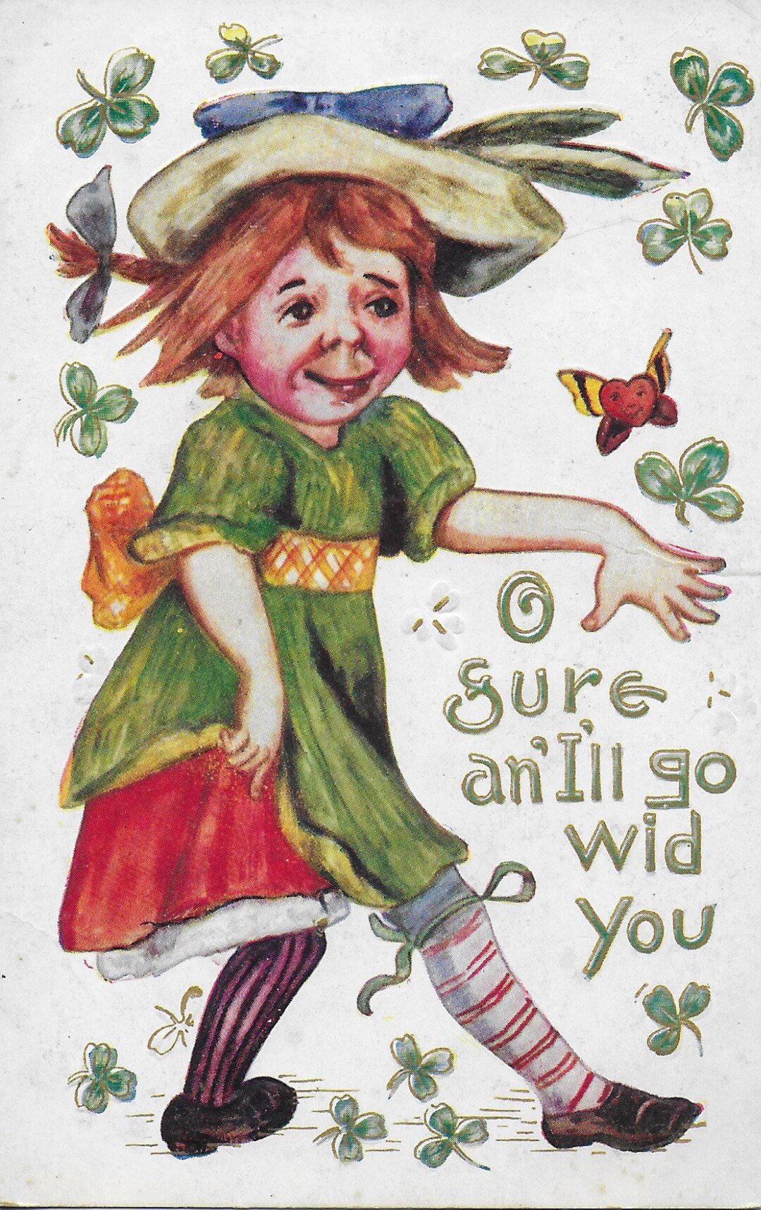 Vintage Illustrated Postcard Young Girl Green Dress Striped - Etsy