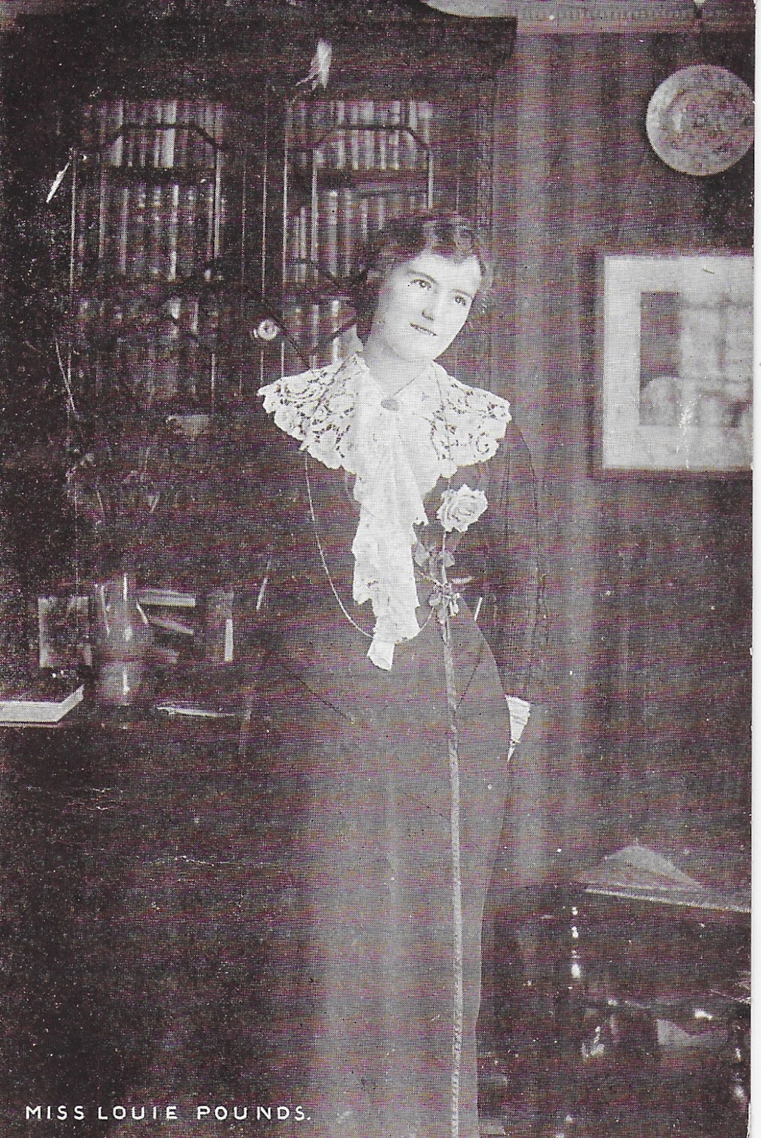 RPPC British Actress Miss Louie Pounds, Dark Dress, Bookcase, Lace ...
