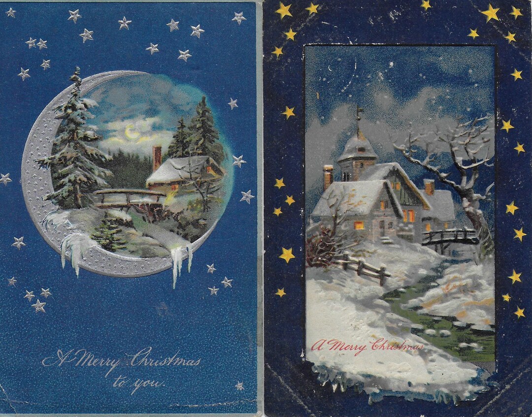 Vintage Postcards, Christmas Greetings, Snow, Stars, Snowy Night ...