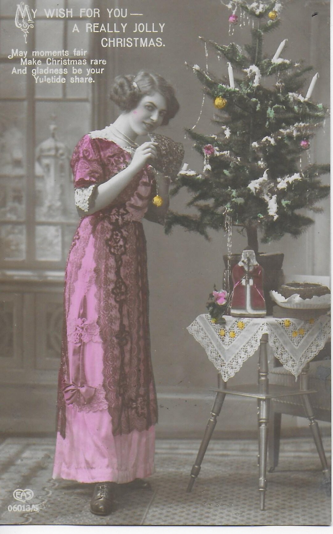 Vintage Postcard, Young Lady, Pink Dress, ,christmas Tree, Candles ...