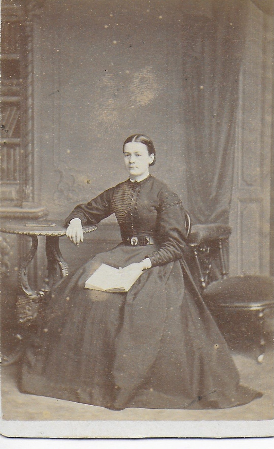 CDV, Victorian Photo, Young Lady, Long Dark Dress, Sitting at Table ...