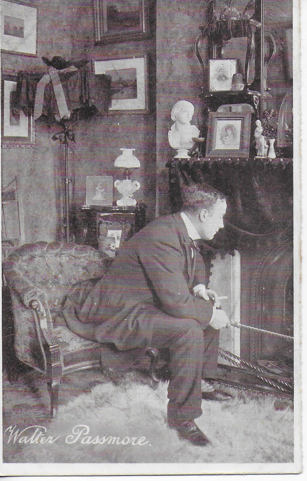 RPPC, Walter Passmore, Actor, Living Room, Smoking, Stoking Fire ...