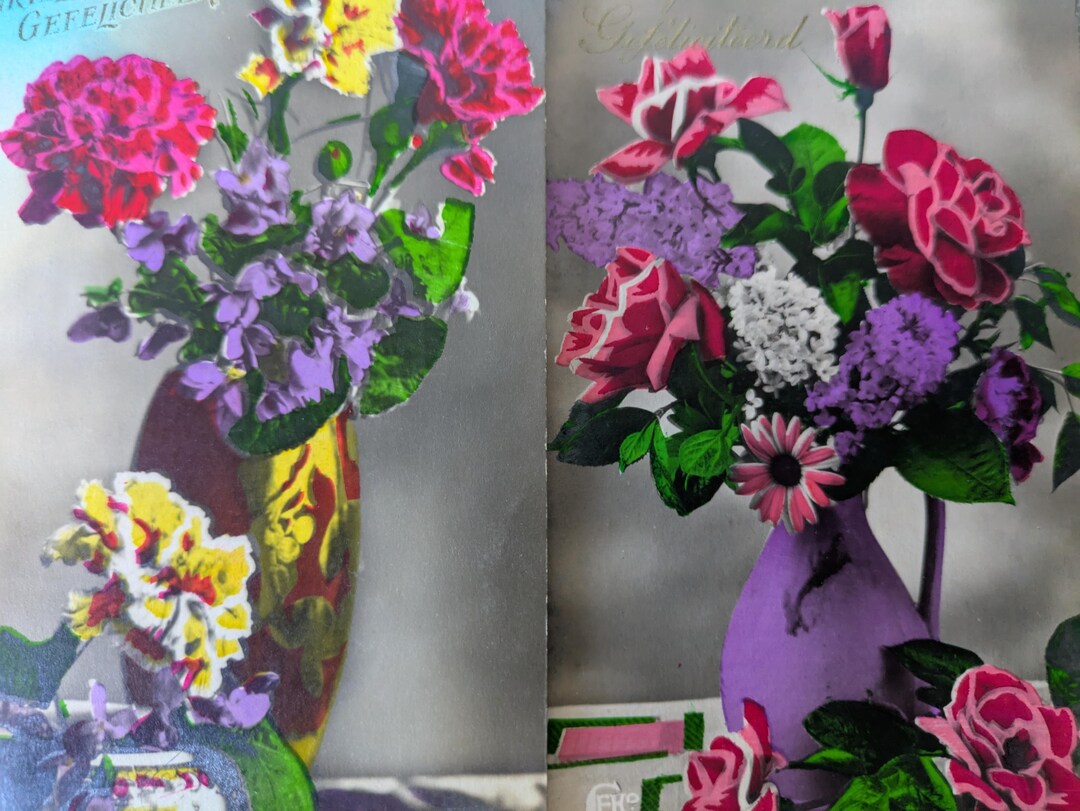 Pair of Vintage Dutch Flower Postcards – Colorful Floral Bouquets in ...