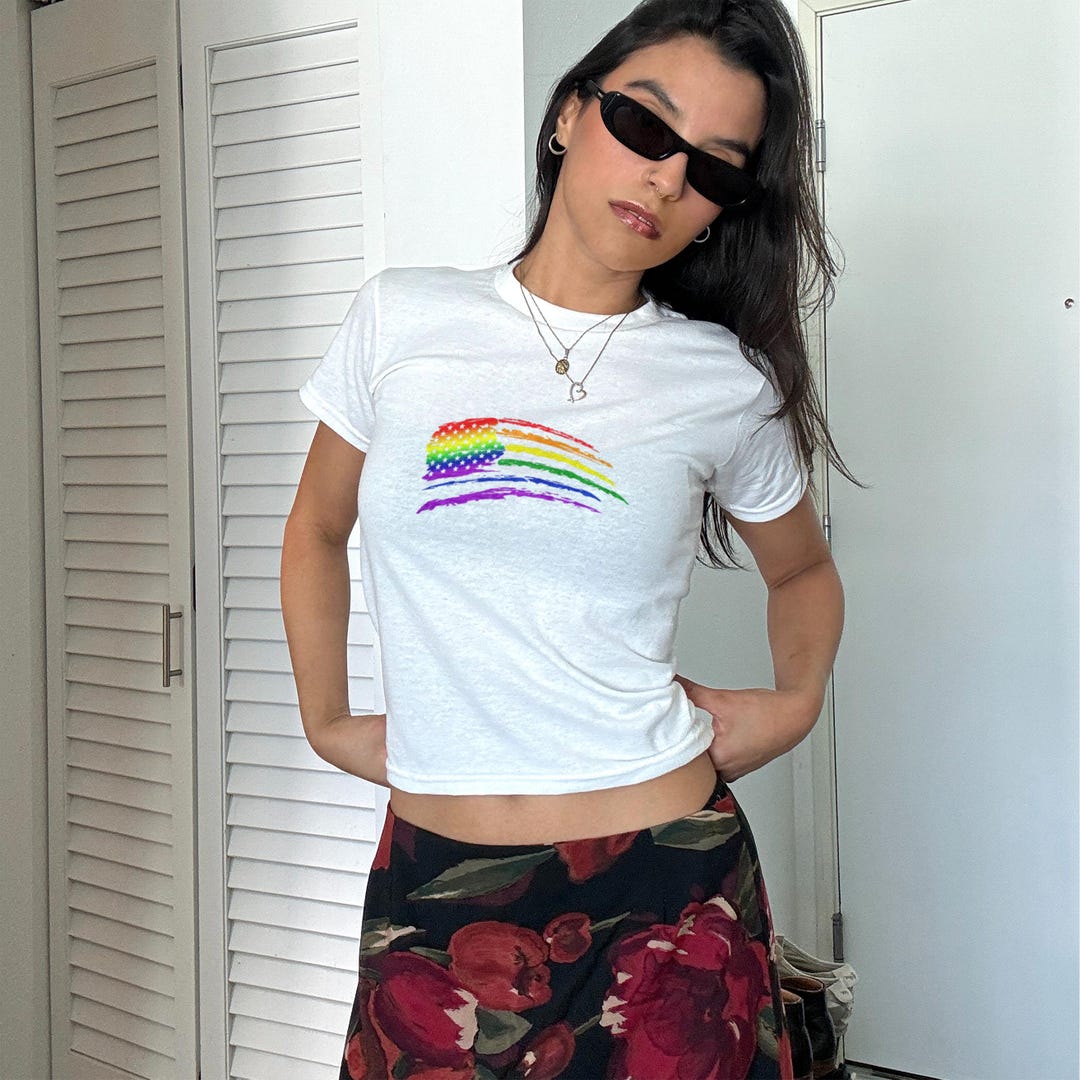Y2K Baby Tee USA Flag 4th of July LGBTQ Gay Pride Month LGBT Rainbow ...