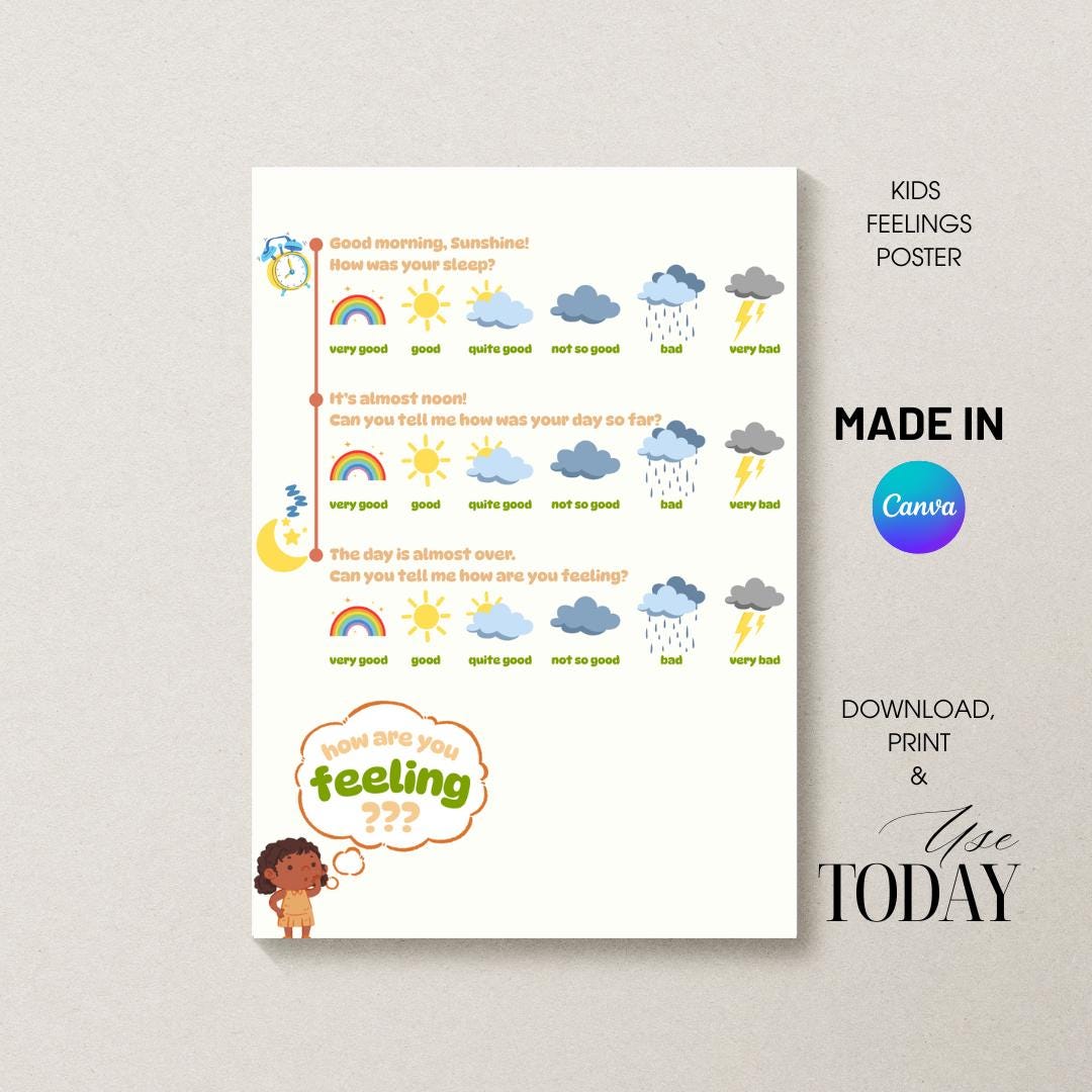 Kids Feelings Poster | Printable Canva Template | Emotion Chart for ...