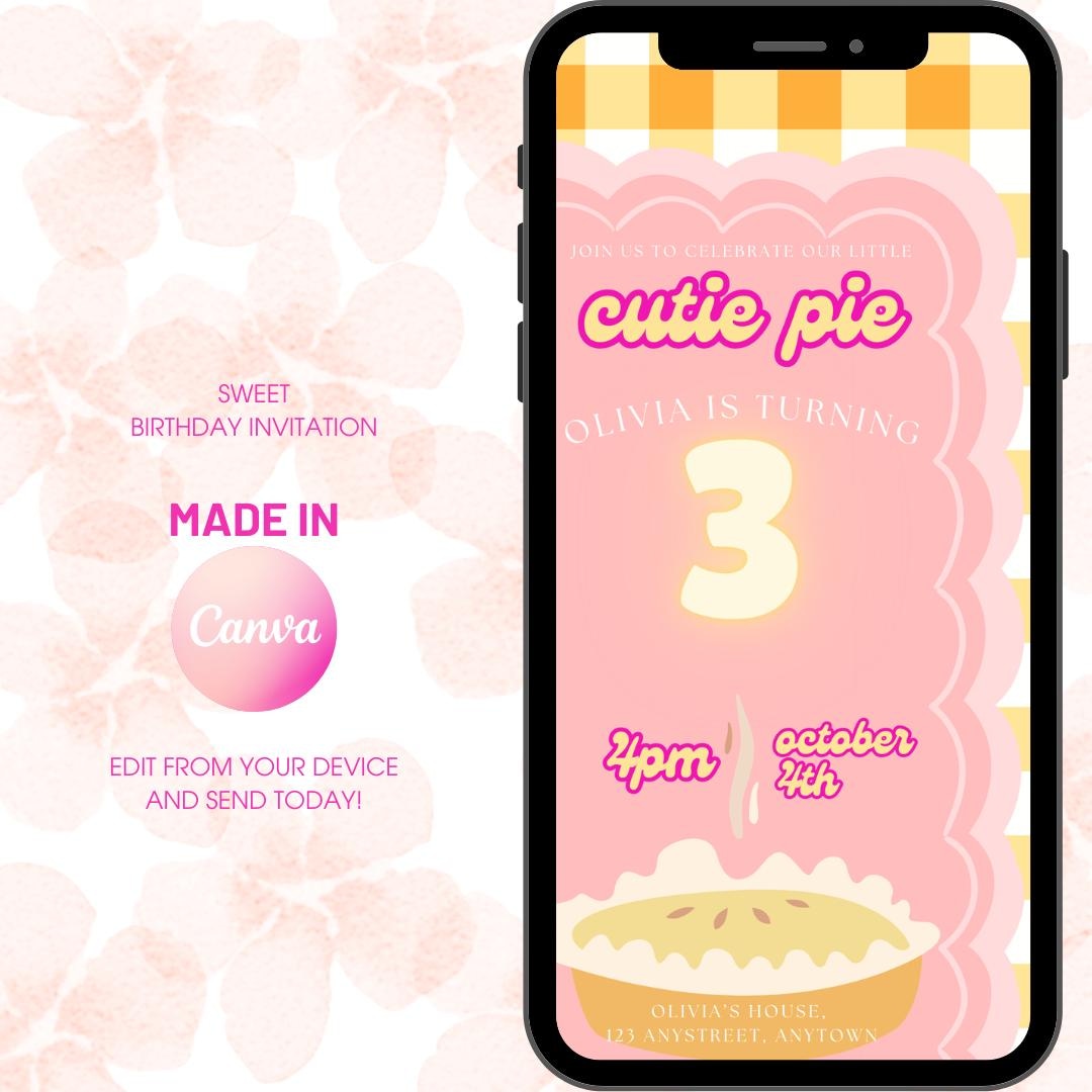 Editable Cutie Pie Birthday Invitation, Do It Yourself Digital ...