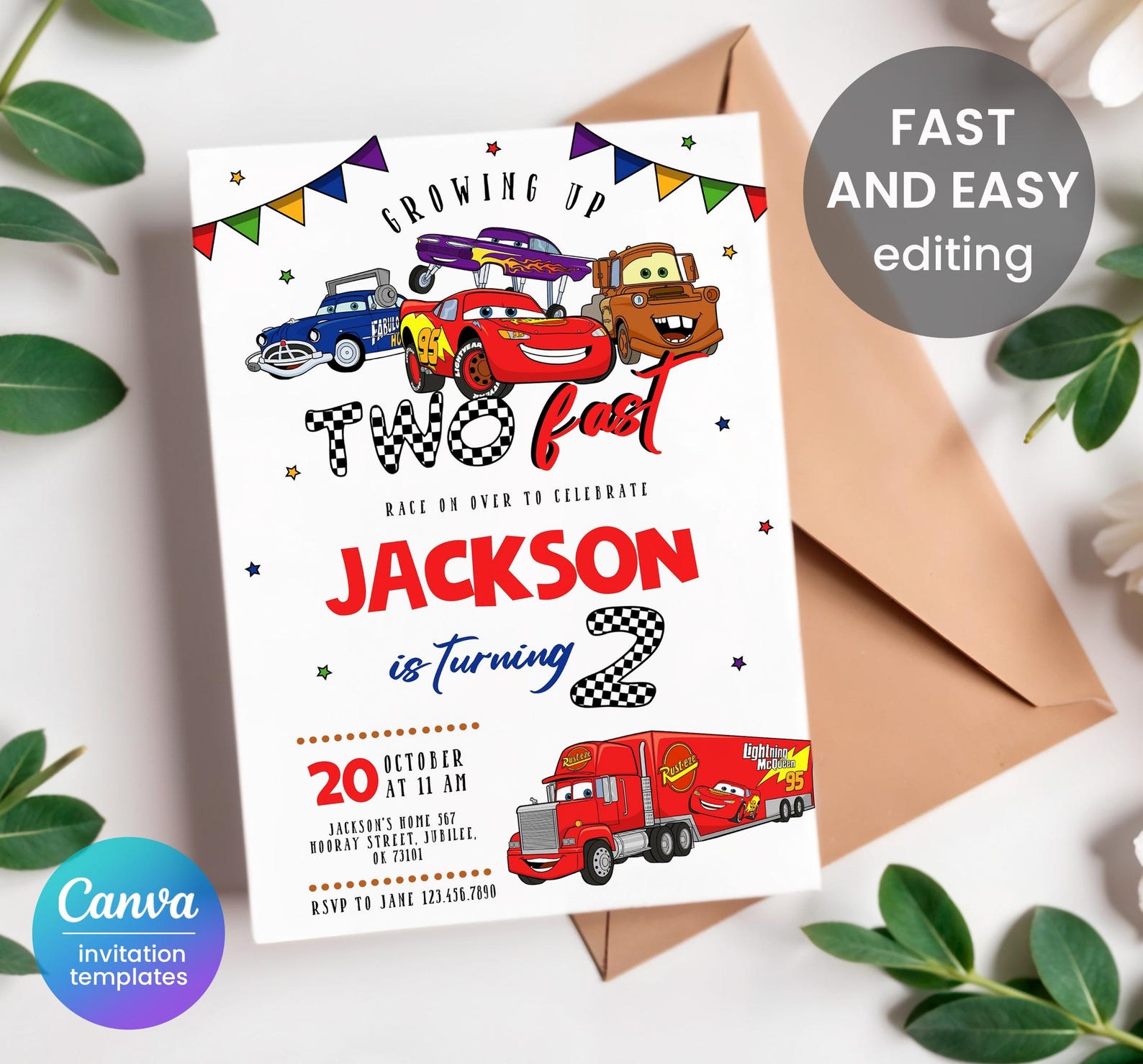 Cars Invitation, Lightning Mcqueen Invite, Printable Birthday Party ...