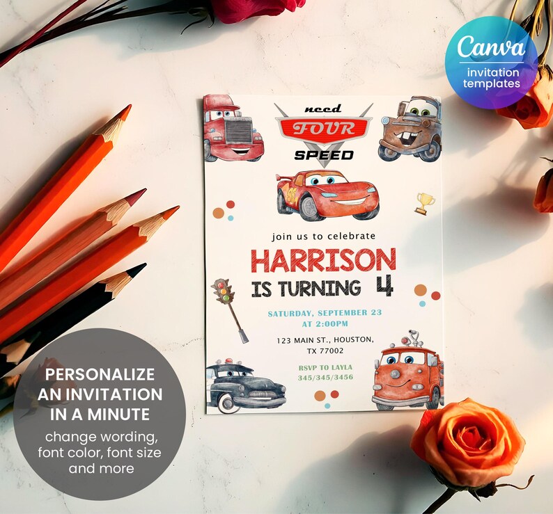 Cars Invitation, Lightning Mcqueen Invite, Printable Birthday Party ...