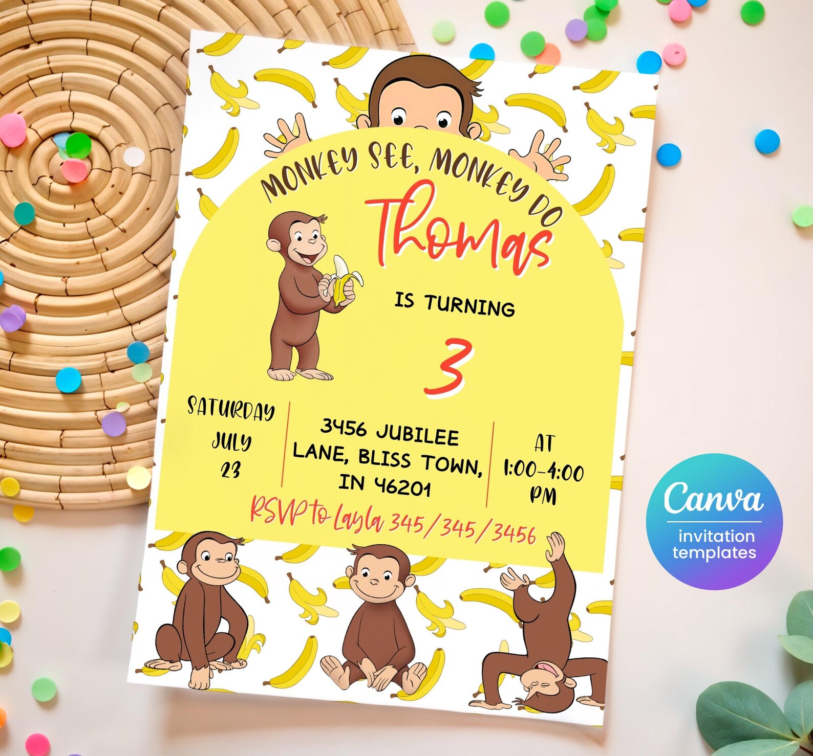 Curious George Birthday Invitation, Printable Monkey Invite, Ape Invite ...