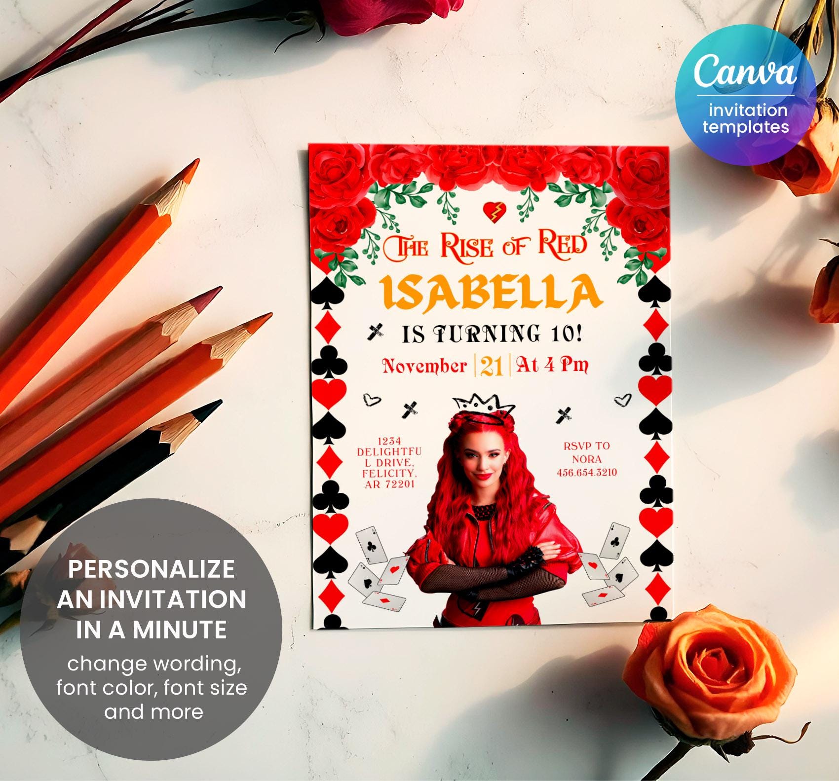 Descendants Rise of Red Invitation, Printable Editable Birthday Invite ...