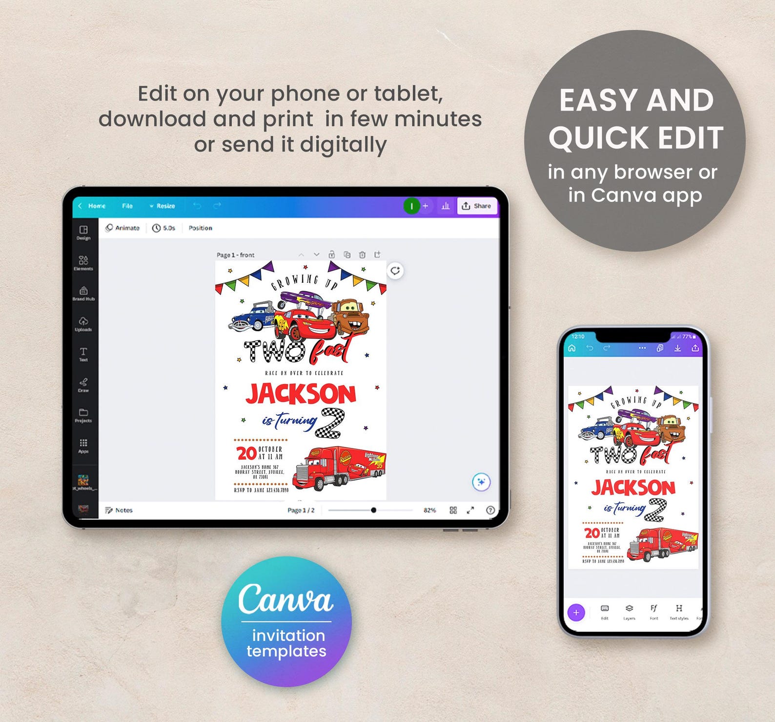 Cars Invitation, Lightning Mcqueen Invite, Printable Birthday Party ...