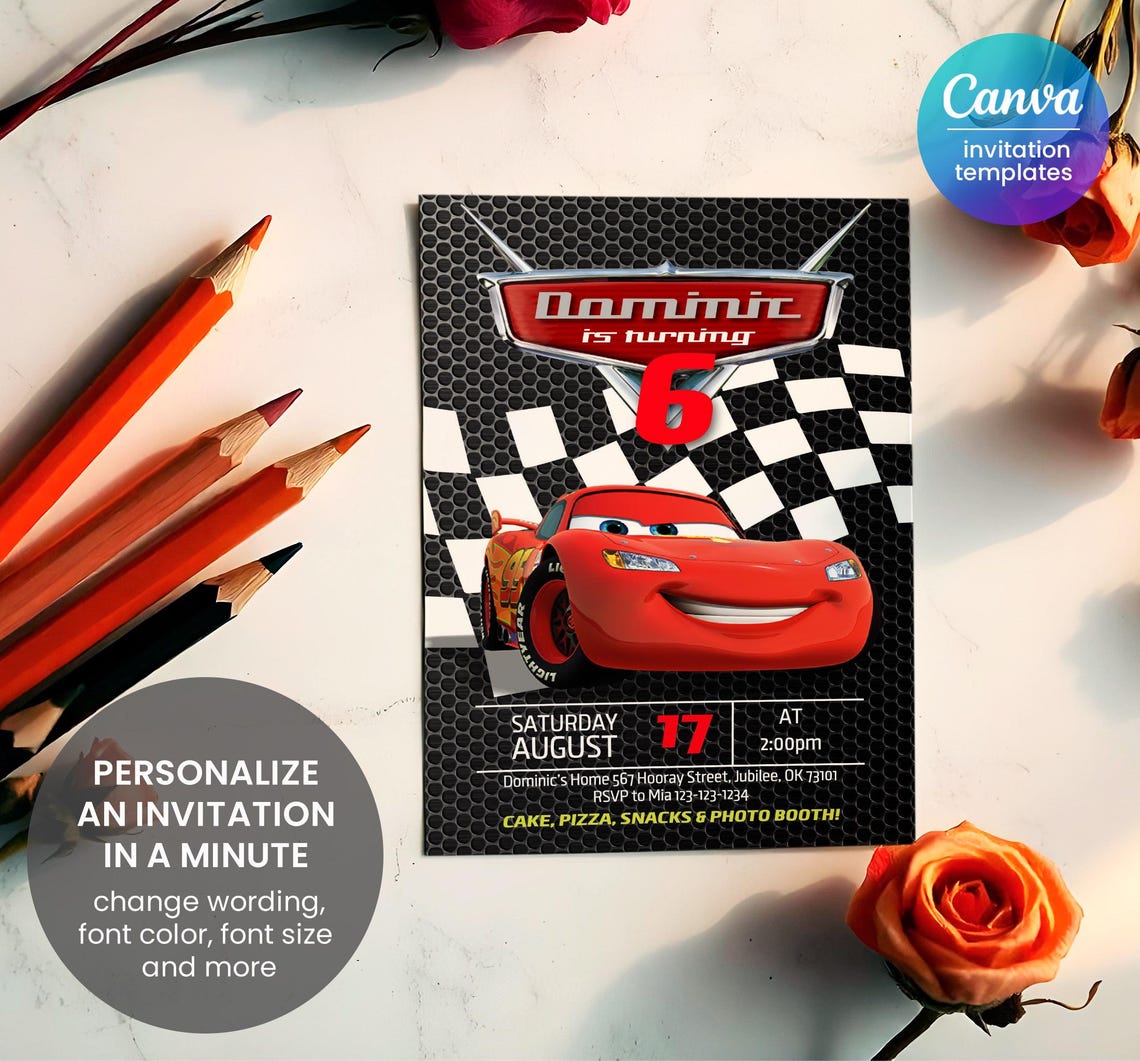 Cars Invitation, Lightning Mcqueen Invite, Printable Birthday Party ...