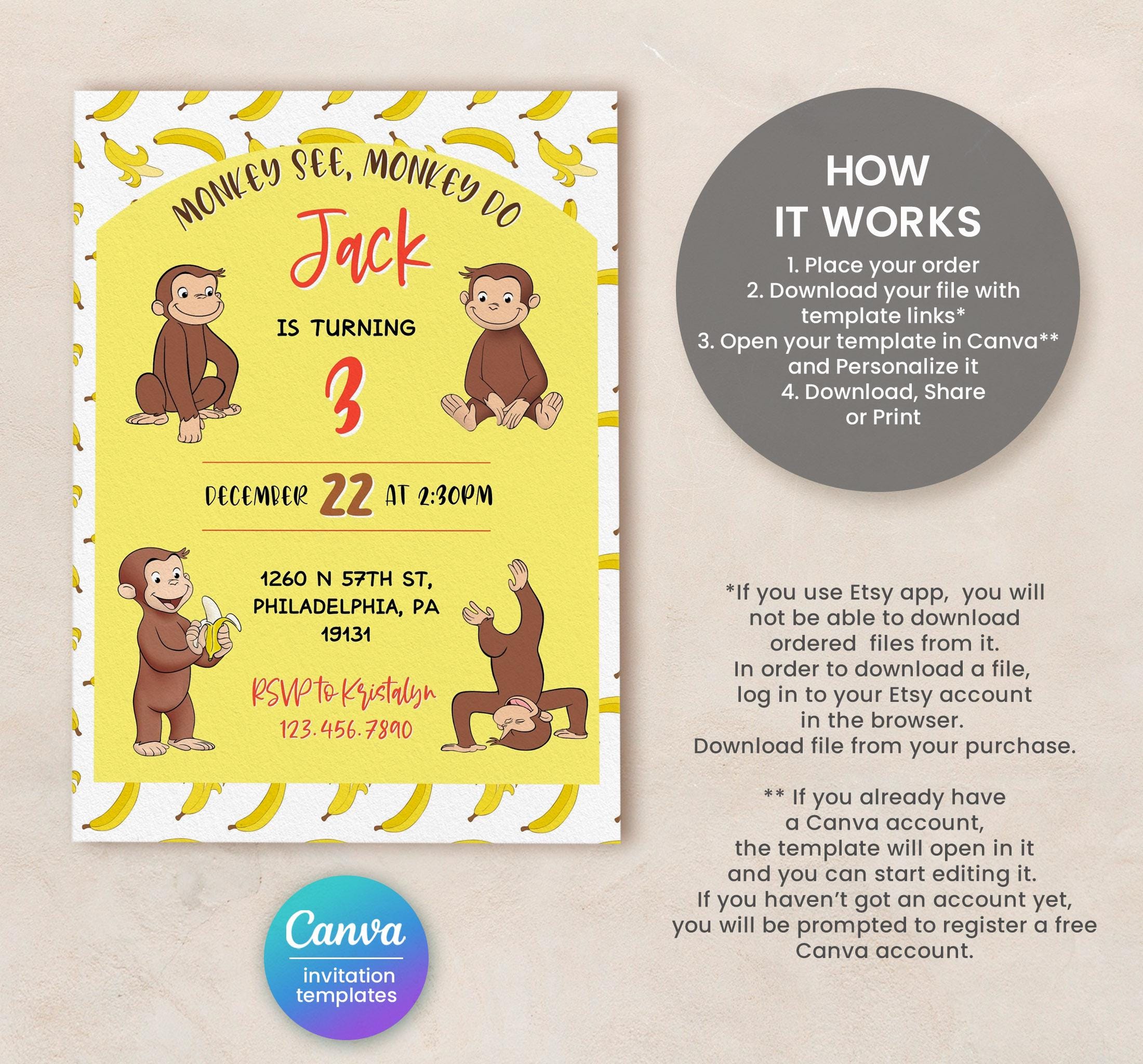 Curious George Birthday Invitation, Printable Monkey Invite, Ape Invite ...