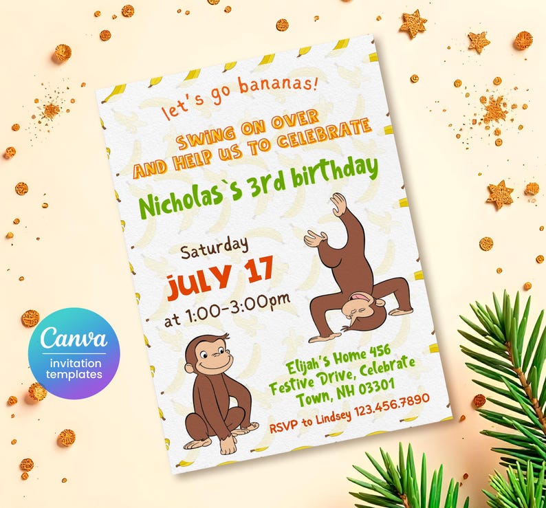Curious George Birthday Invitation, Printable Monkey Invite, Ape Invite ...