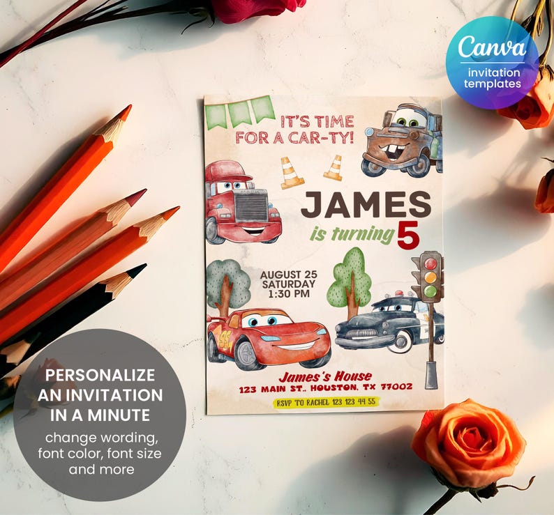 Cars Invitation, Lightning Mcqueen Invite, Printable Birthday Party ...