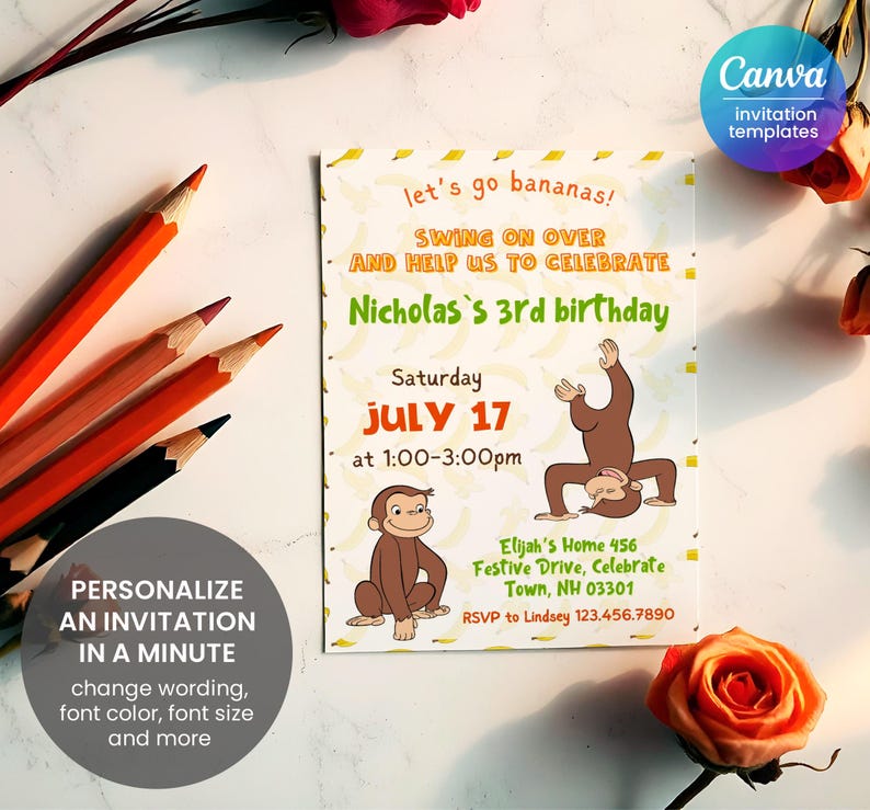 Curious George Birthday Invitation, Printable Monkey Invite, Ape Invite ...