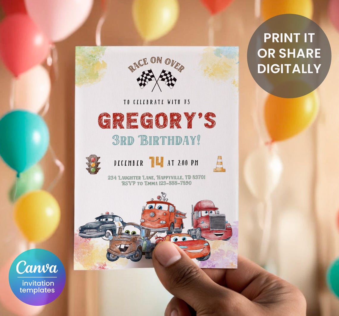 Cars Invitation, Lightning Mcqueen Invite, Printable Birthday Party ...