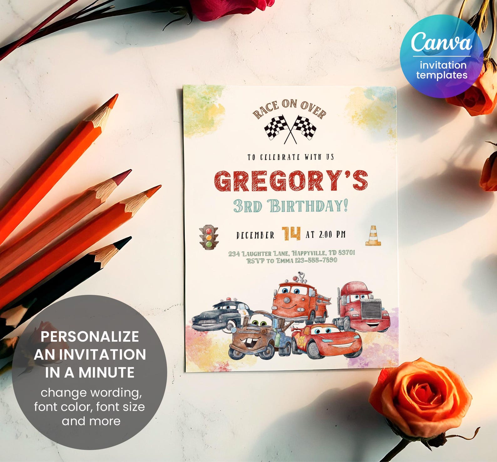 Cars Invitation, Lightning Mcqueen Invite, Printable Birthday Party ...