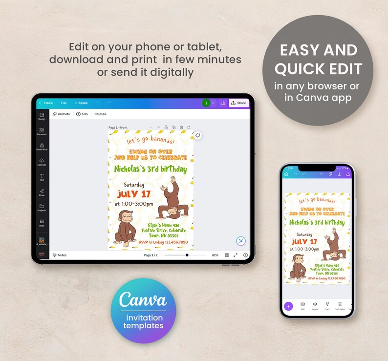 Curious George Birthday Invitation, Printable Monkey Invite, Ape Invite ...