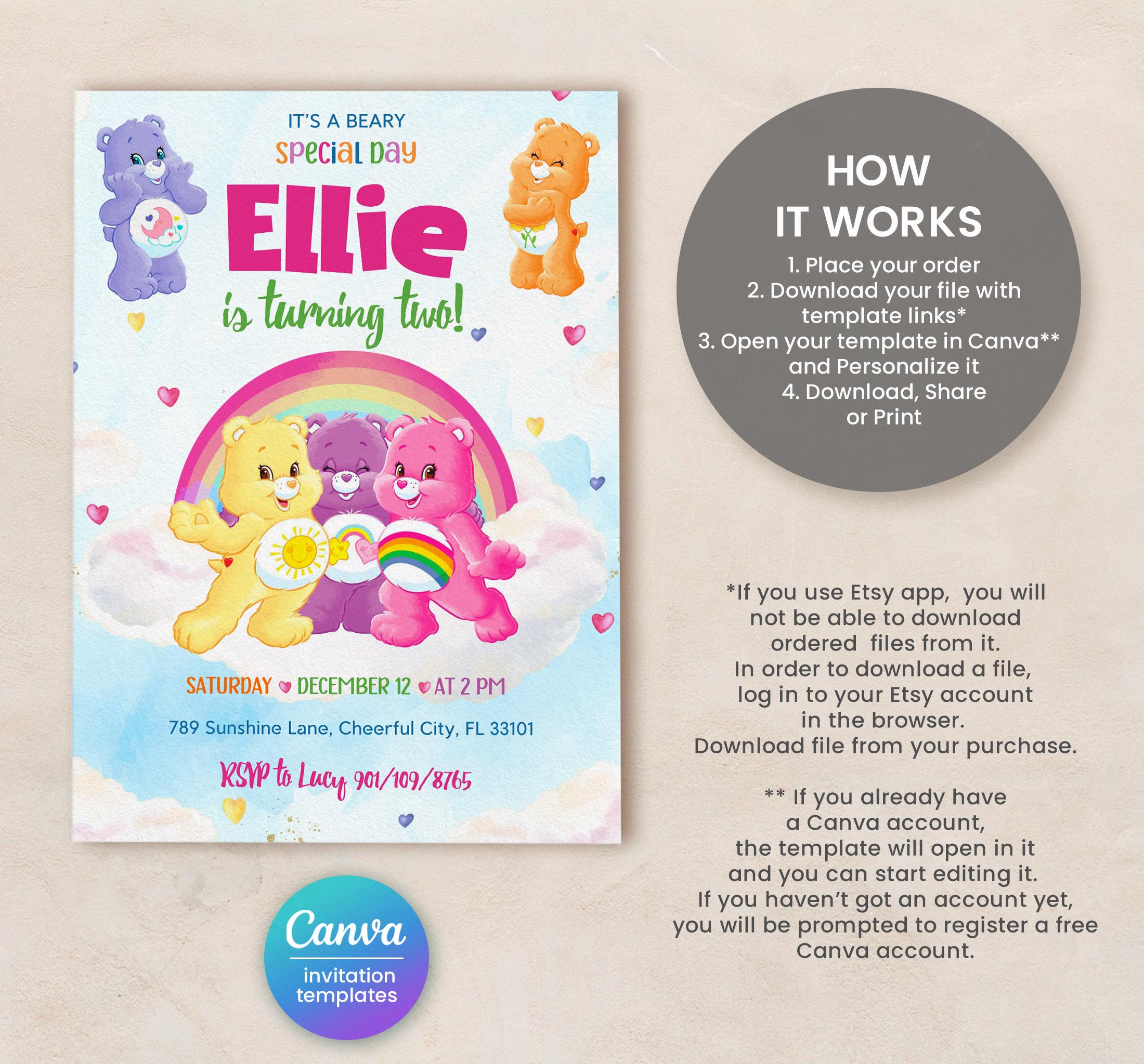 Care Bears Birthday Invitation, Printable Editable Birthday Party ...