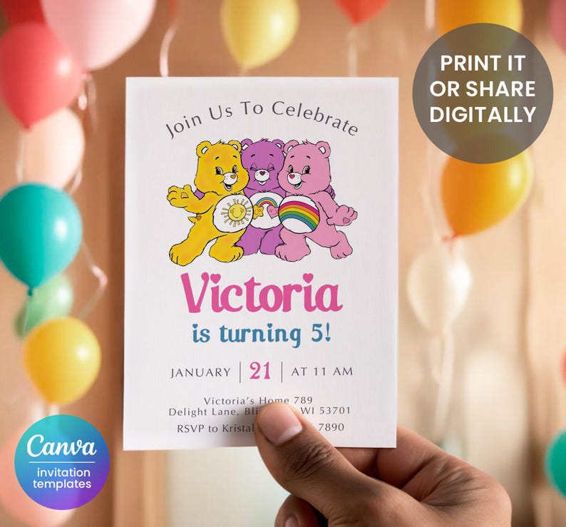 Care Bears Birthday Invitation, Printable Editable Birthday Party ...