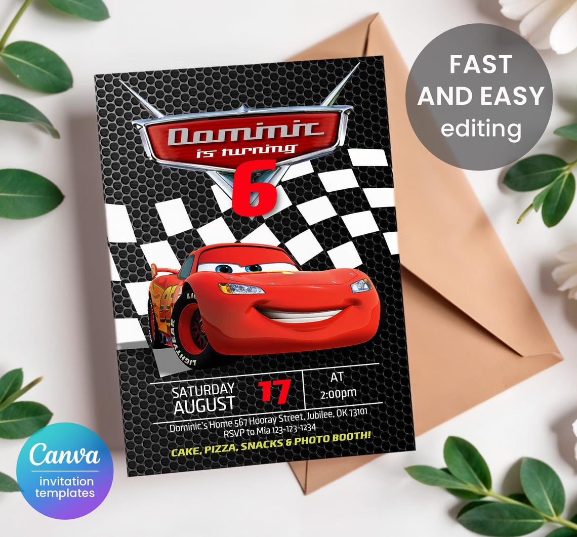 Cars Invitation, Lightning Mcqueen Invite, Printable Birthday Party ...