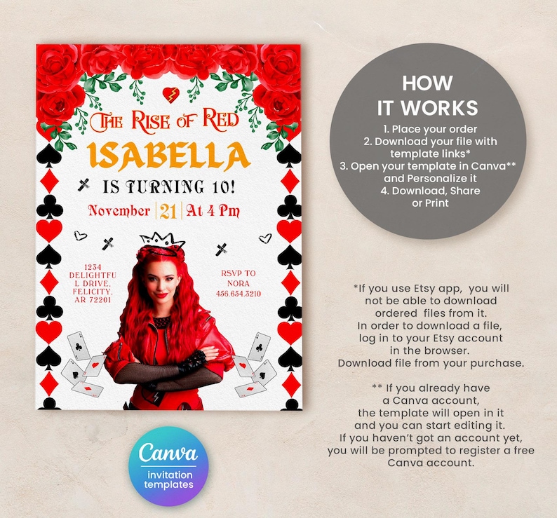 Descendants Rise of Red Invitation, Printable Editable Birthday Invite ...