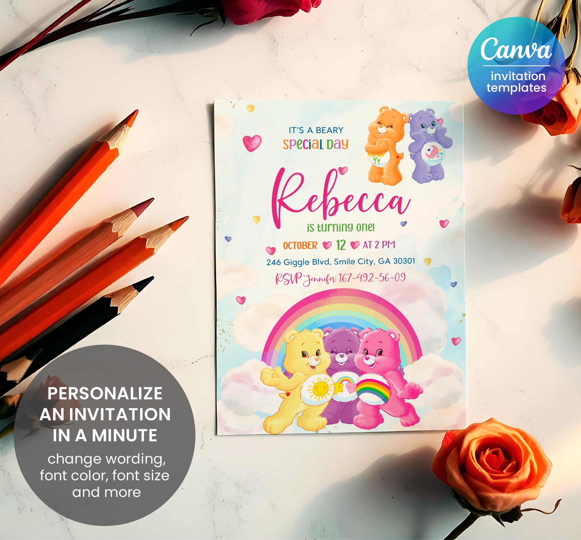 Care Bears Birthday Invitation, Printable Editable Birthday Party ...