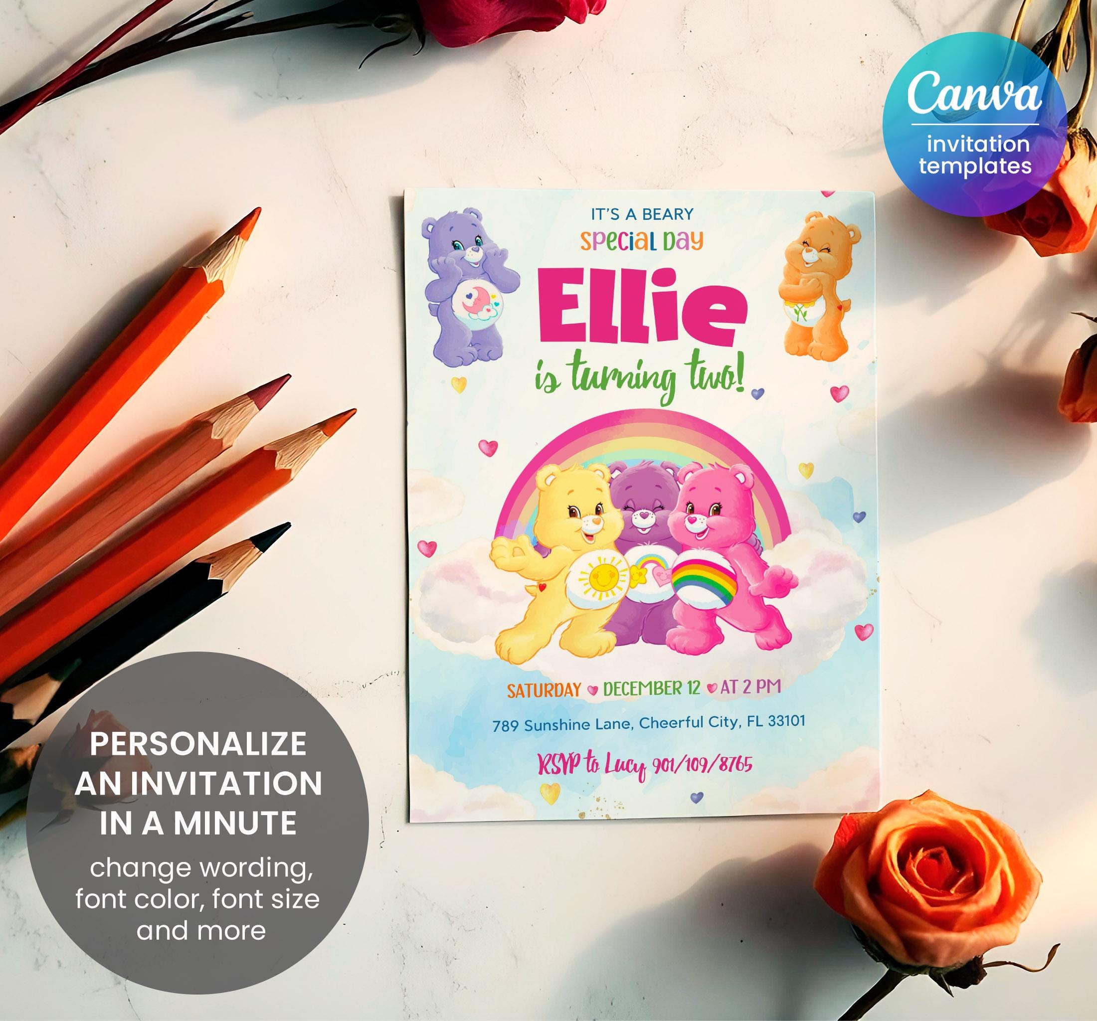 Care Bears Birthday Invitation, Printable Editable Birthday Party ...