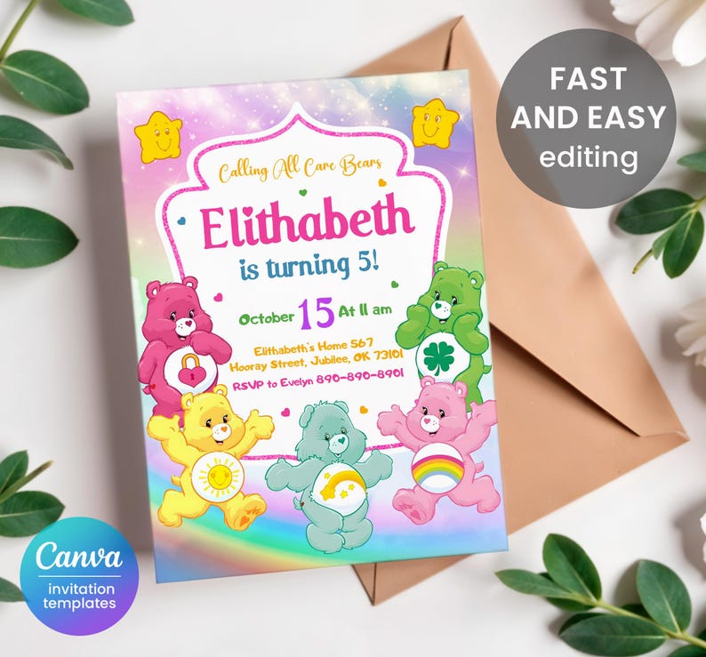 Care Bears Birthday Invitation, Printable Editable Birthday Party ...