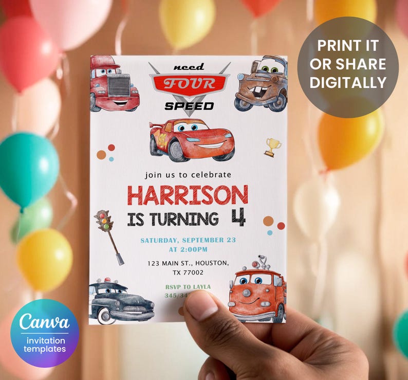 Cars Invitation, Lightning Mcqueen Invite, Printable Birthday Party ...