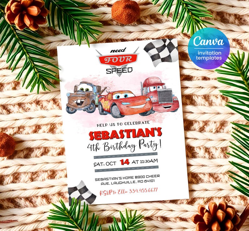 Cars Invitation, Lightning Mcqueen Invite, Printable Birthday Party ...