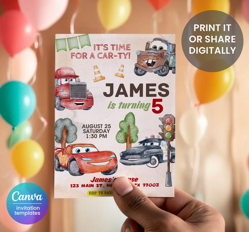 Cars Invitation, Lightning Mcqueen Invite, Printable Birthday Party ...