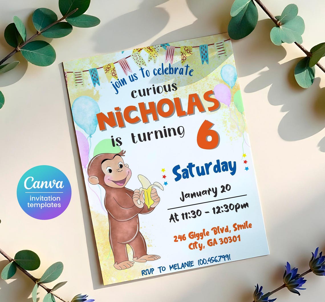 Curious George Birthday Invitation, Printable Monkey Invite, Ape Invite ...