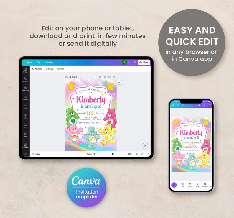 Care Bears Birthday Invitation, Printable Editable Birthday Party ...