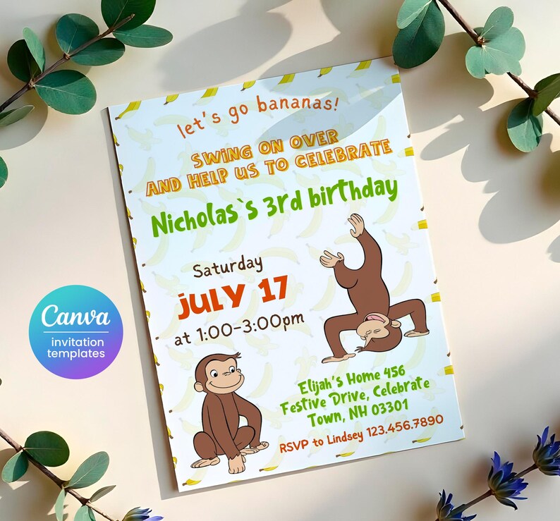 Curious George Birthday Invitation, Printable Monkey Invite, Ape Invite ...