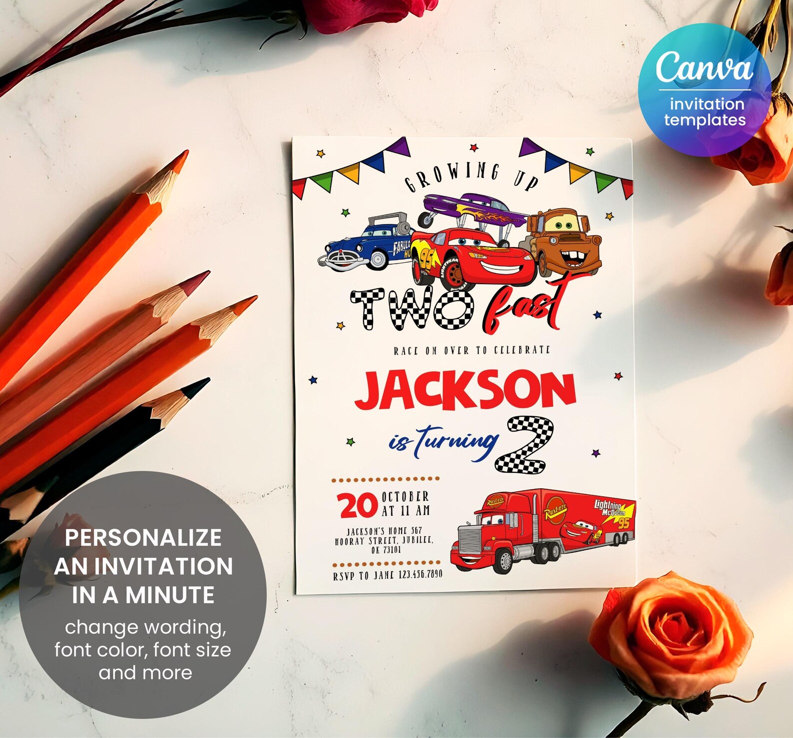Cars Invitation, Lightning Mcqueen Invite, Printable Birthday Party ...