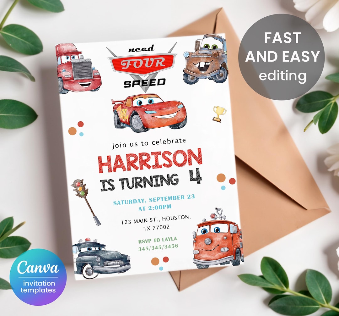 Cars Invitation, Lightning Mcqueen Invite, Printable Birthday Party ...