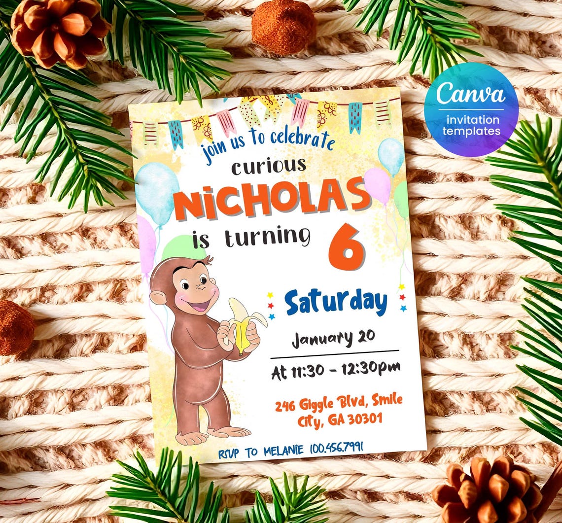 Curious George Birthday Invitation, Printable Monkey Invite, Ape Invite ...