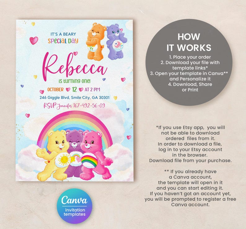Care Bears Birthday Invitation, Printable Editable Birthday Party ...