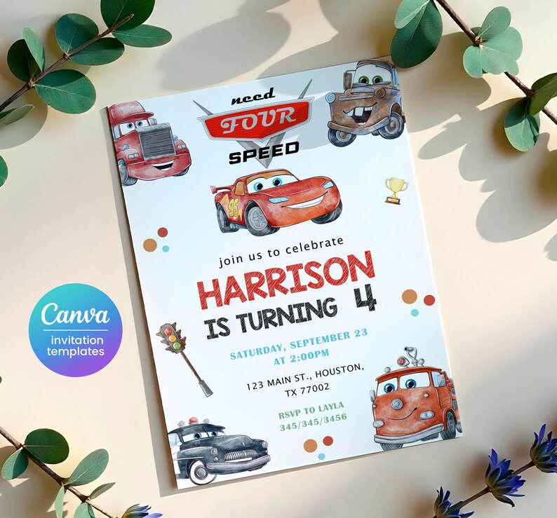 Cars Invitation, Lightning Mcqueen Invite, Printable Birthday Party ...